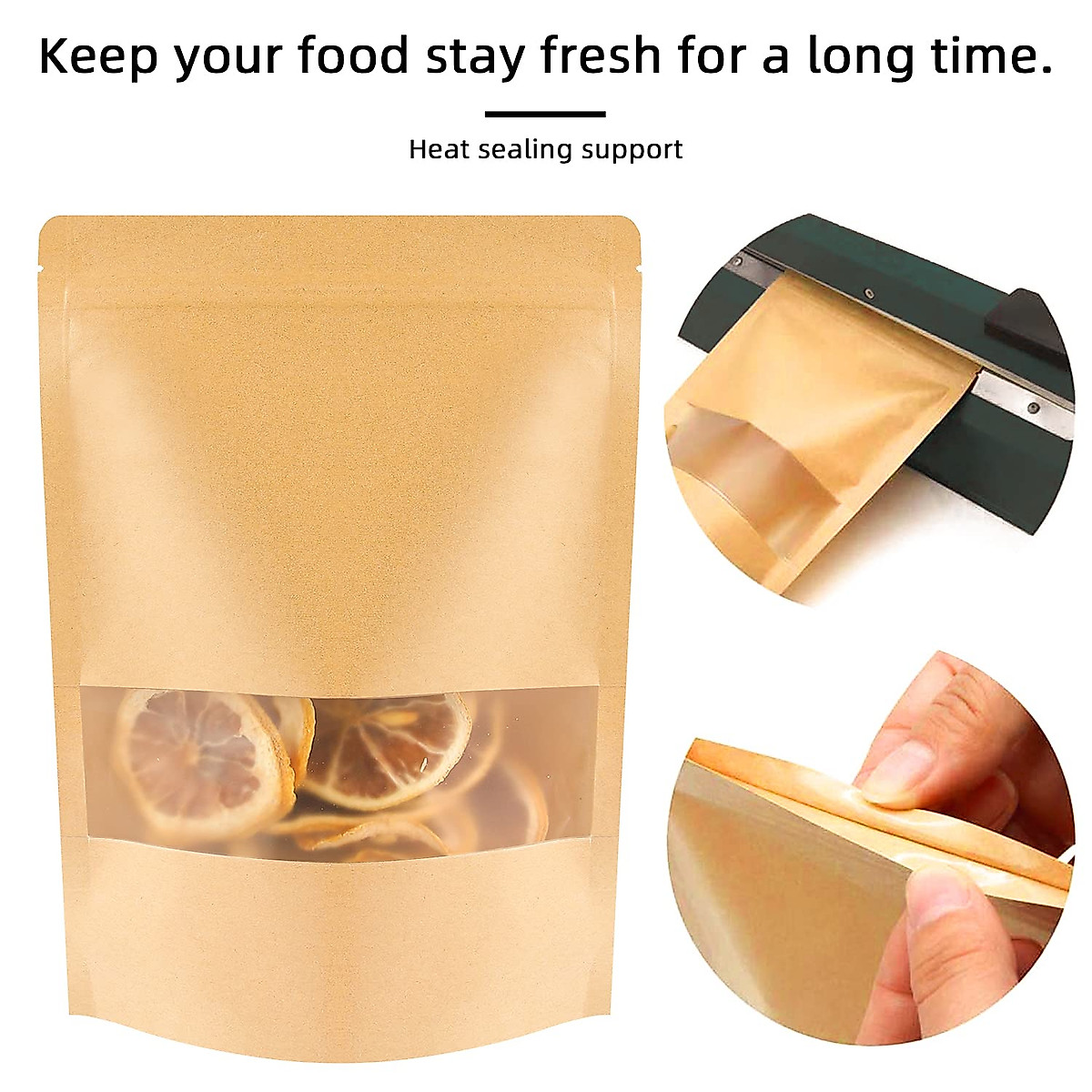 100 Pcs Kraft Stand Up Pouches 3.5 x 5.5 Inch Resealable Zip Lock Food Storage Bags with Matte Window for Packaging
