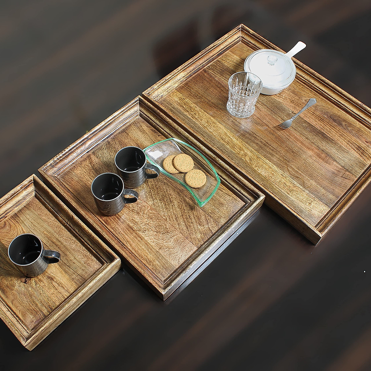 SAVON Extra Large Serving Tray Wooden Tea Coffee Breakfast 24 x 17 inches Set of 3 (Natural Wood)