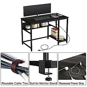 Rolanstar Computer Desk 55” with Power Outlet & Storage Shelves, Home Office PC Desk with USB Ports Charging Station, Writing Study Desktop Table with Stable Metal Frame, Black