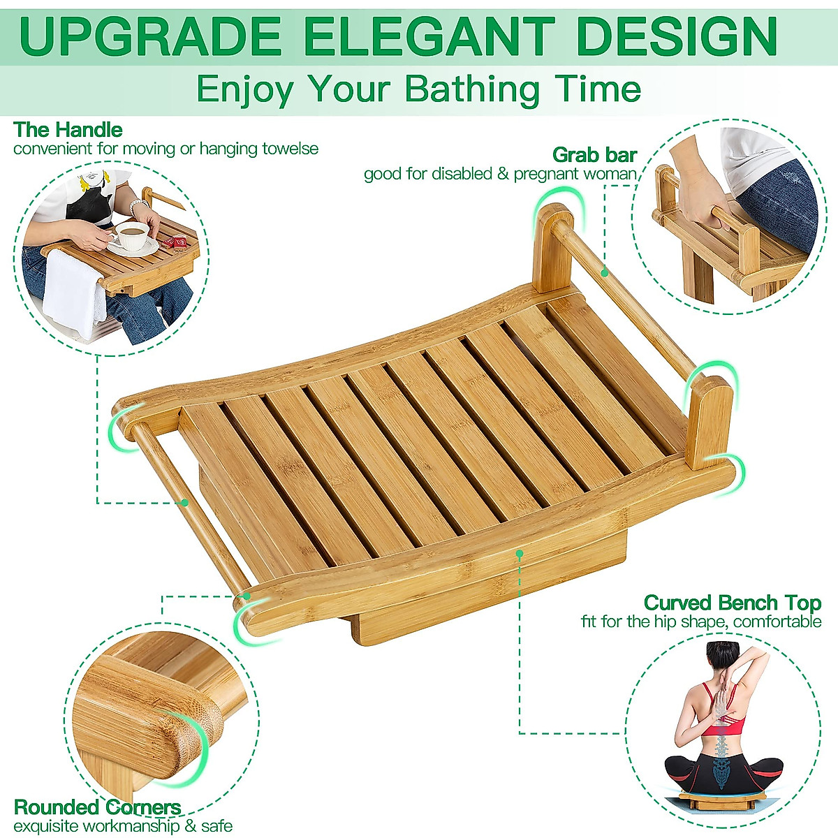 ETECHMART Bamboo Shower Bench with Storage Shelf, 2-Tier Spa Seat Bath Stool for Bathroom Bathtub Elderly Disabled Seniors Women, Inside Shower Shaving Legs, Waterproof, Natural
