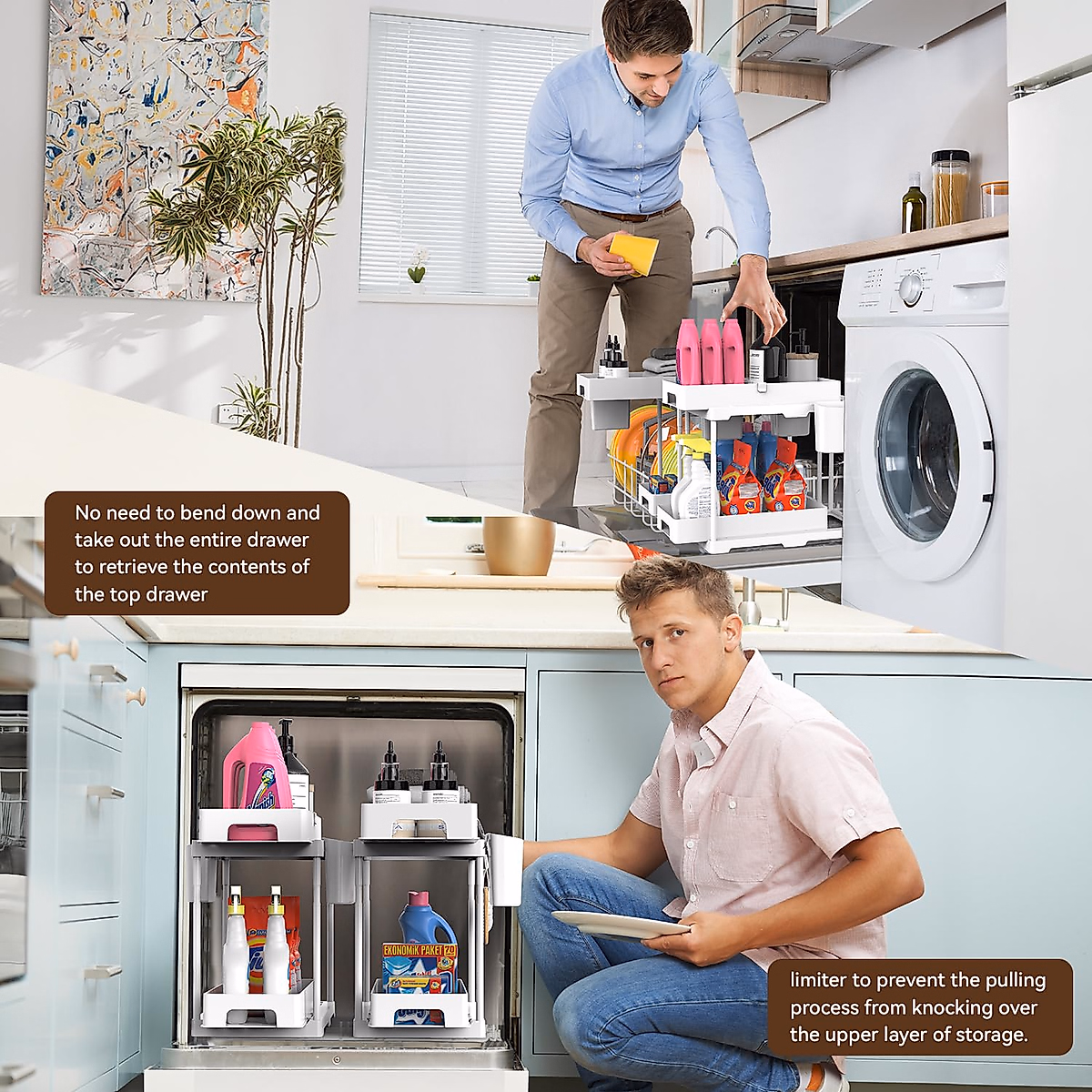 GAOLINE 2 Pack 2 Tier Under Sink Organizers and Storage,Under Bathroom Cabinet Organizer with Hooks Hanging Cup, Double Sliding Drawers Cabinet Basket Organizer for Bathroom, Up to 14.5 inches, White