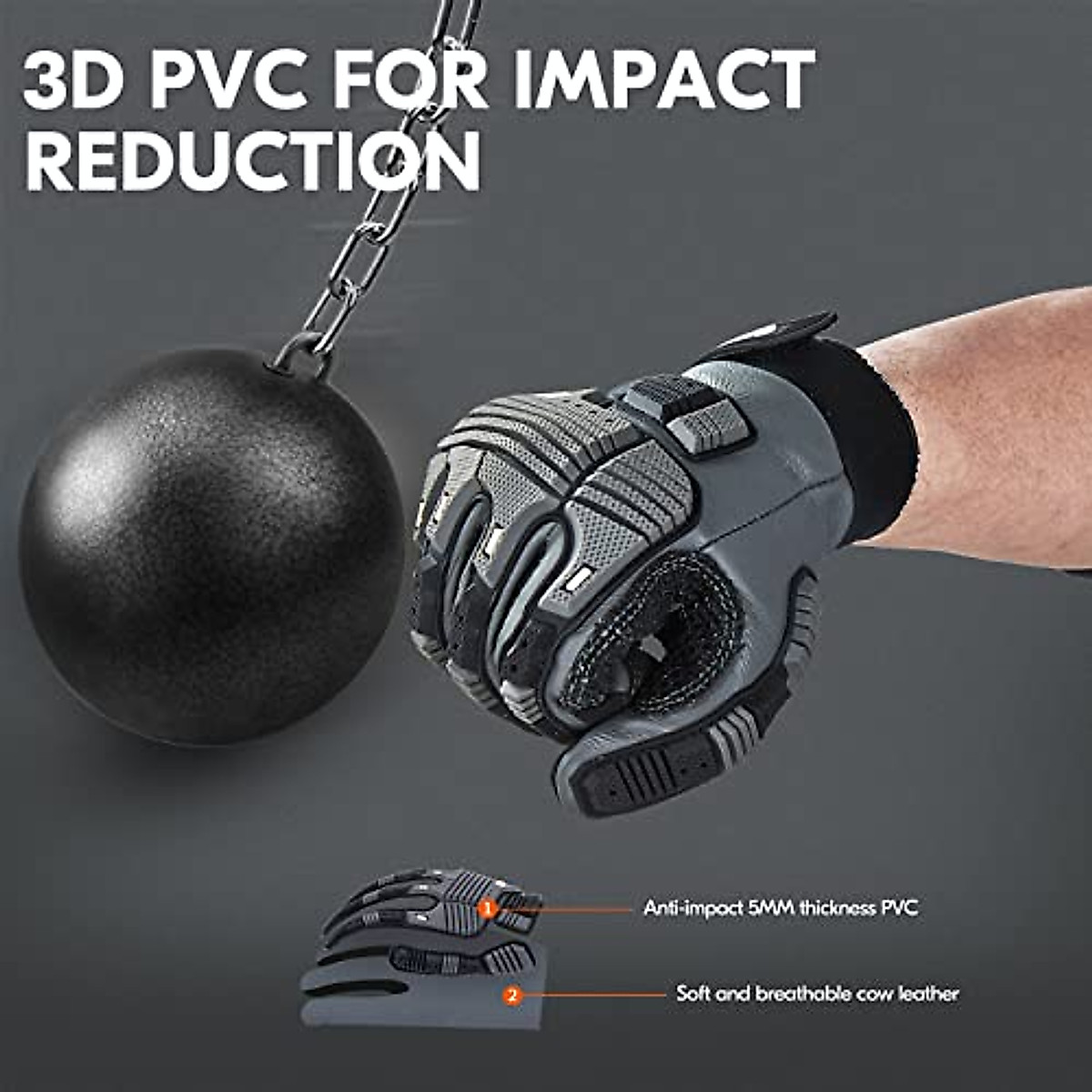 Vgo... 1Pair Safety Leather Work Gloves,Mechanics Impact Anti-Vibration Gloves,Rigger Gloves,Heavy Duty,Water Resistant(Size L,Gray,CA7722WR)