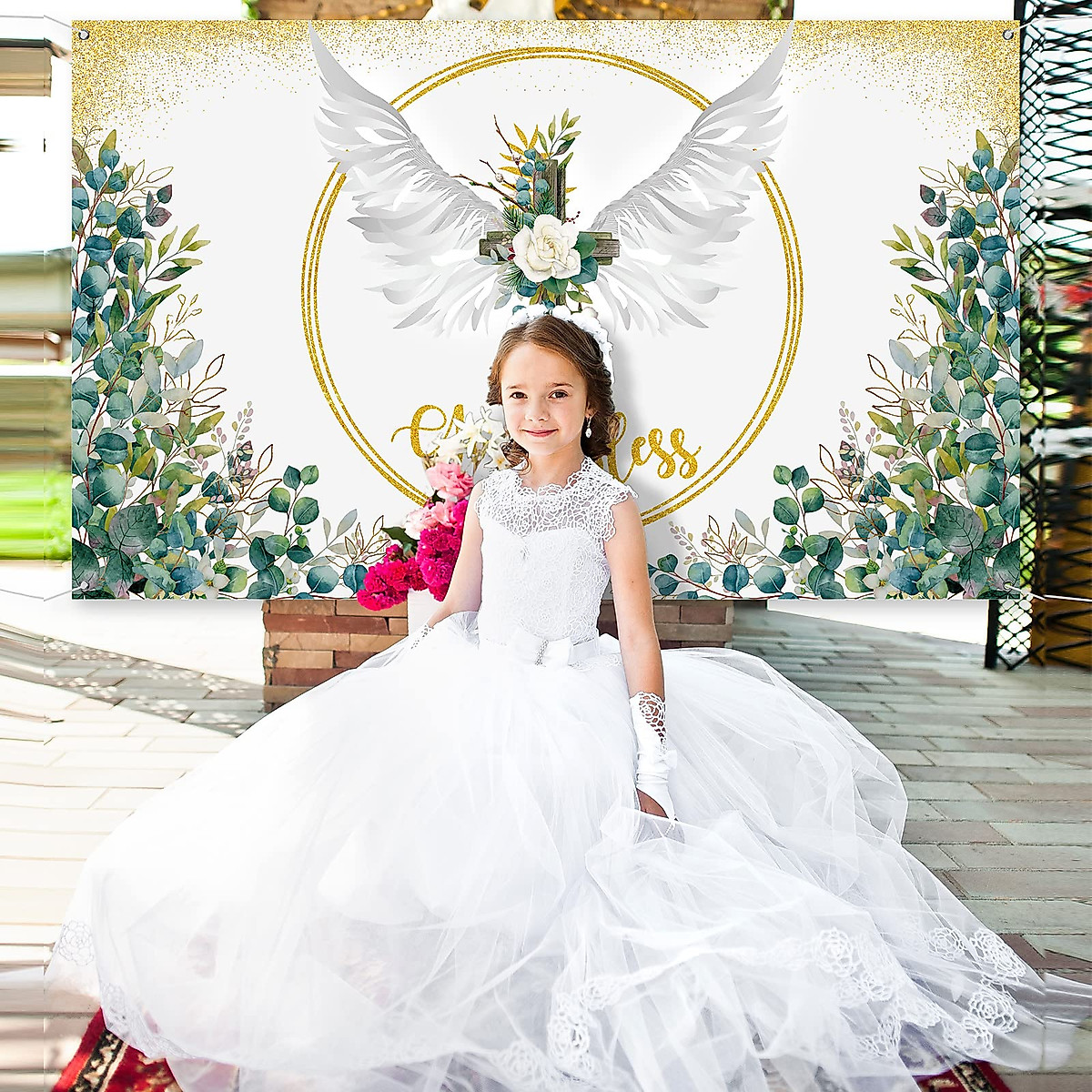 Remagr God Bless Backdrop First Communion Baptism Christening Party Decorations Banner Green Leaves Newborn Baby Shower Photography Background Favors Supplies Photo Booth, 71 x 43 in, One Size