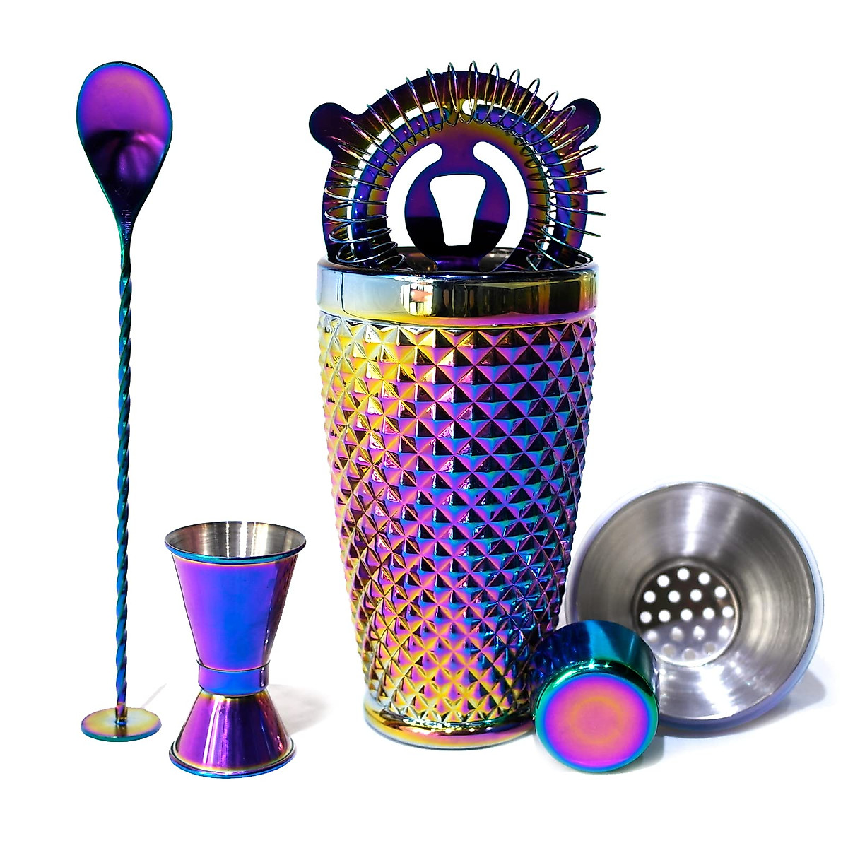 WhatAmug Cocktail Shaker Set, Electroplating Colorful Bartender Kit with 12.8OZ Cocktail Shaker Mixing Spoon Double Jigger and Hawthorne Strainers, Bar Accessories for Professional Bar and Home Bar