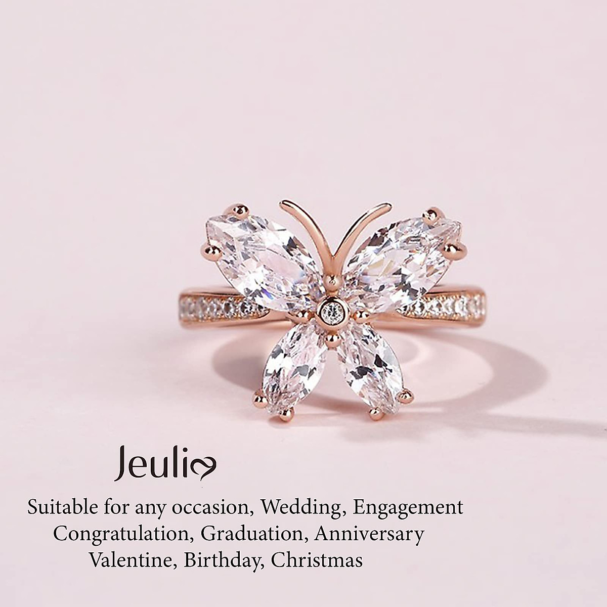 Jeulia Sterling Silver Rose Gold-Plated Butterfly Ring Band for Women Girls Romantic Diamond Jewelry for Her Wedding Birthday Mother's Day Anniversary with Gift Box (Butterfly, 6)