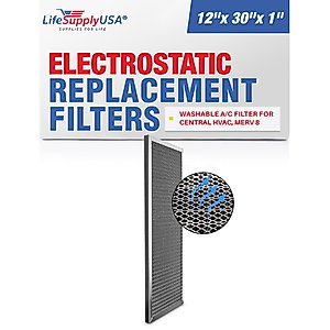 LifeSupplyUSA (12x30x1) Aluminum Electrostatic Air Filter Replacement Washable Air Purifier A/C Filter for Central HVAC, MERV 8, Energy Saving, Easy to Clean, Long-Lasting (1-Pack)