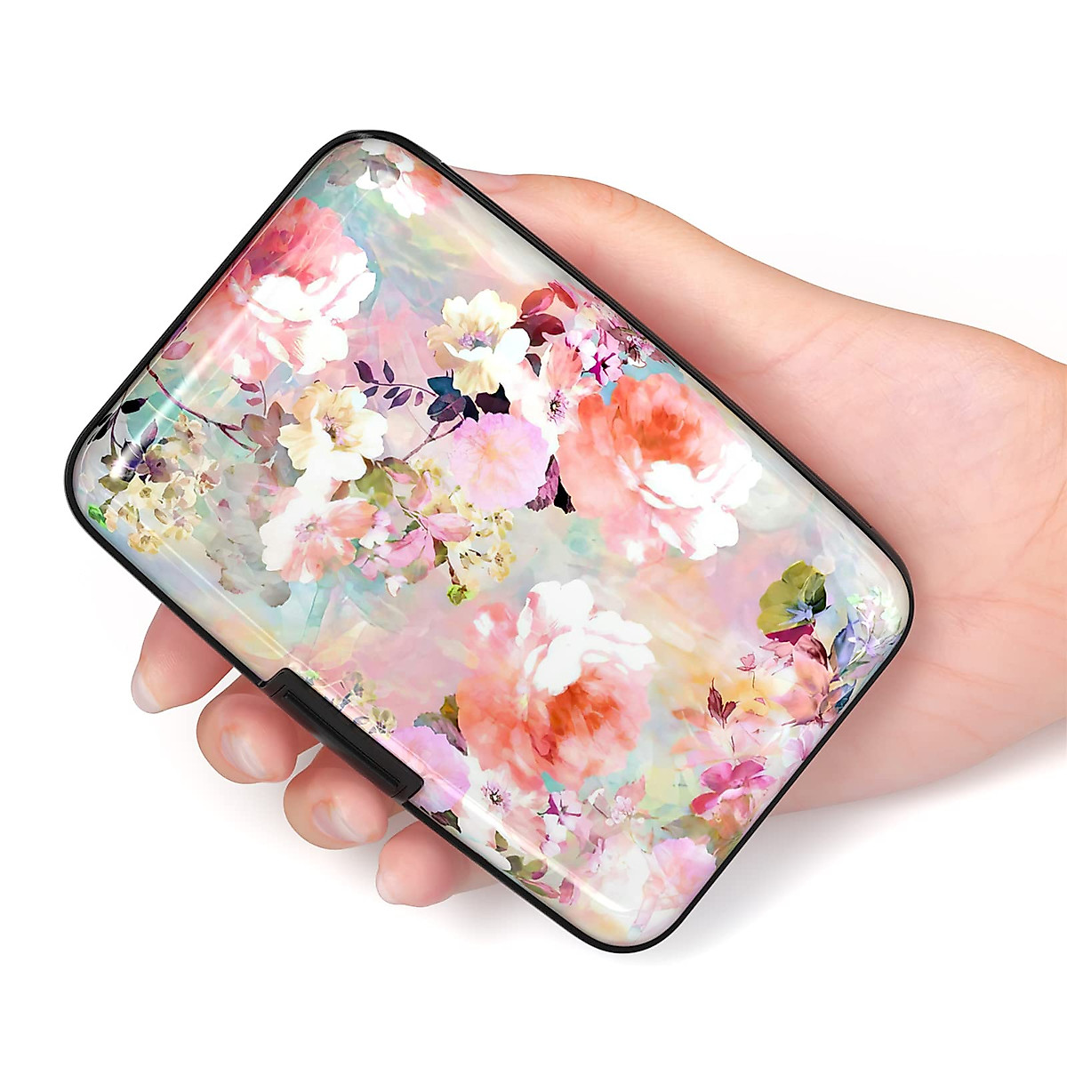 Hsxnam Credit Card Holder for Women, Small RFID Metal Credit Cards Wallets Cute Business Card Holder Pocket ID Case, Pink Flowers