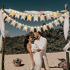 Mr and Mrs Just Married Burlap Banner, Wedding Bunting Banner with LED Fairy String Light 8 Flicker Mode, Hanging Sign Garland Pennant Photo Booth Props for Bridal Shower Wedding Engagement Party
