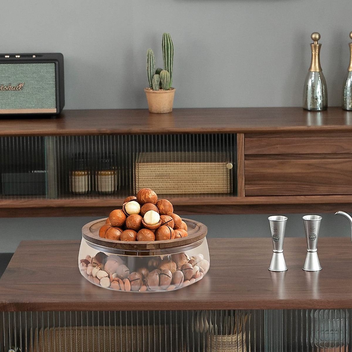 Glass Candy and Nuts Serving Container Rustic Salad Bowl with Wooden Lid Farmhouse Style Round Food Storage Platter Clear Storage Bowl for Home Kitchen Fruit Snack Vegetable Candy Nut, Brown