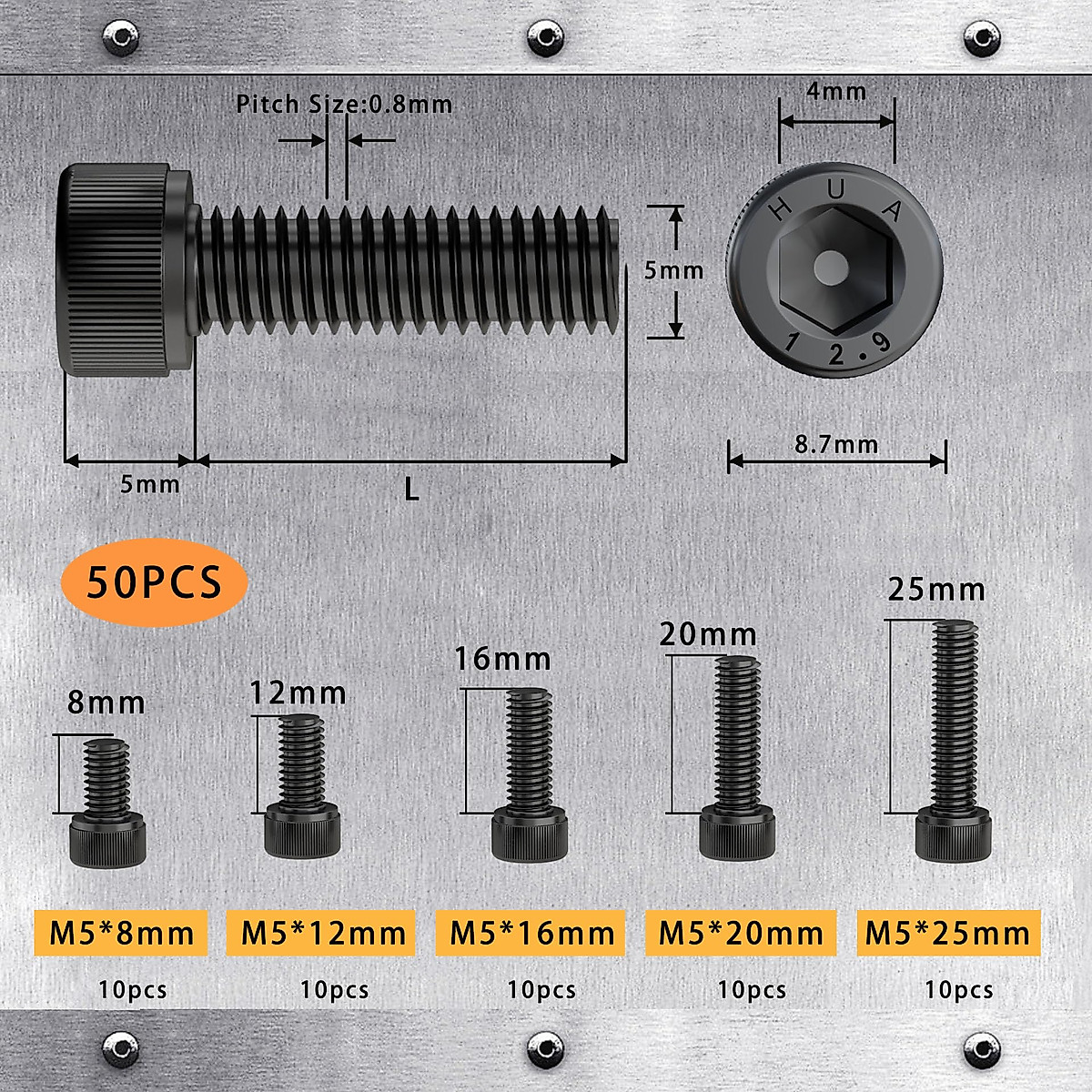 Cicidorai M5 x 8mm 12mm 16mm 20mm 25mm Hex Socket Head Cap Screws Bolts, 12.9 Grade Alloy Steel, Fully Threaded, Black Oxide Finish, Allen Socket Drive, Assortment Kit 50Pcs