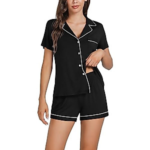 Umenlele Women's 2 Piece Pajama Set Short Sleeve Soft Sleepwear Button-Down Loungewear Black# Small