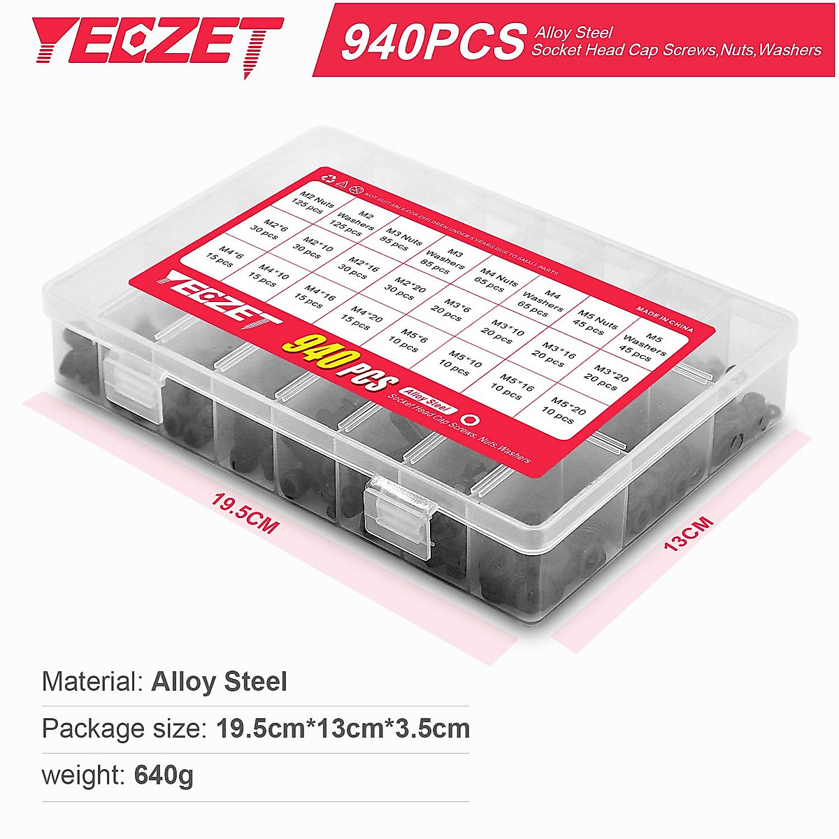 YEEZET M2 M3 M4 M5 12.9 Grade Alloy Steel Hex Socket Head Cap Screws Bolts Nuts Flat Washers Set Assortment Kit with Storage Box, Allen Socket Drive (940 PCS)