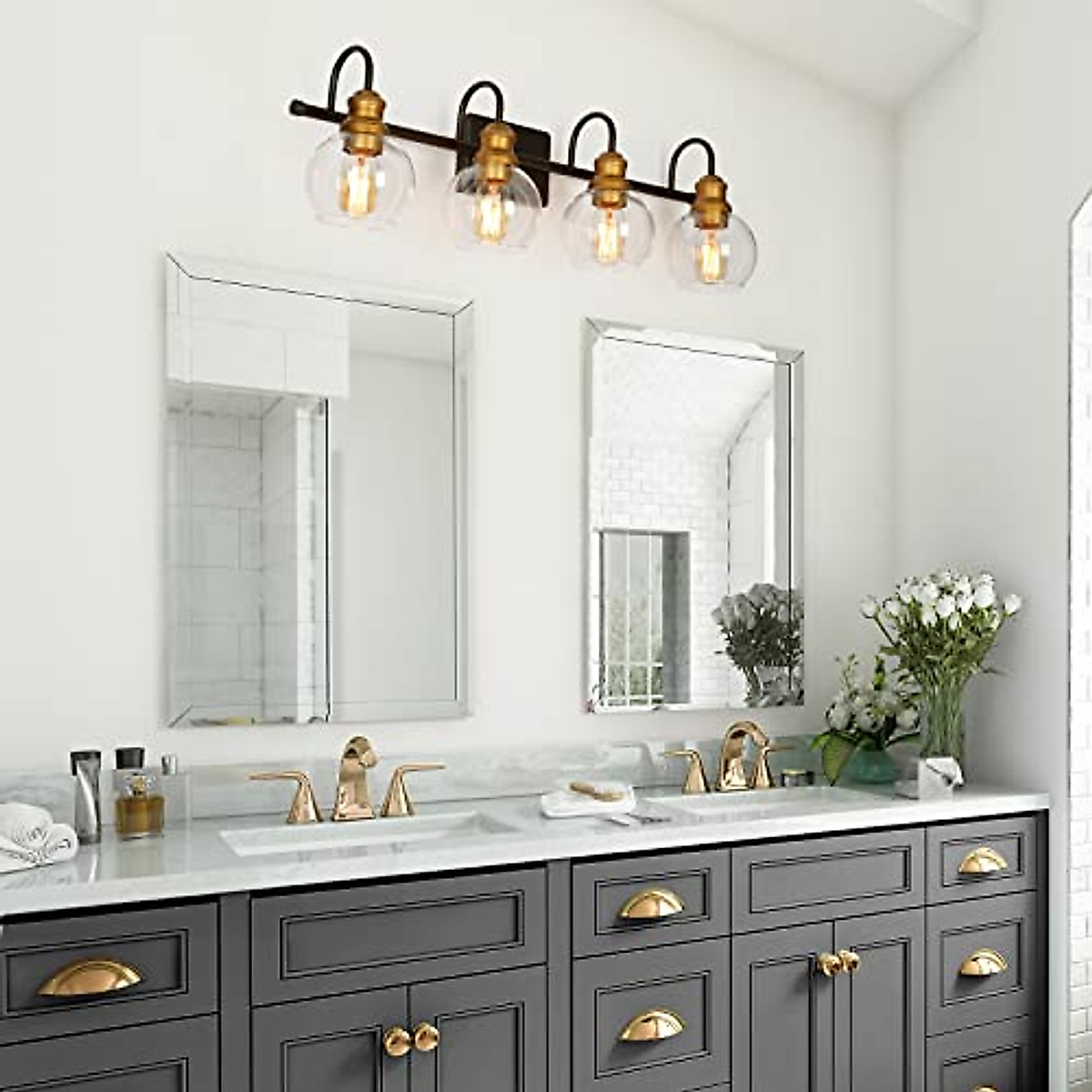 Bathroom Vanity Light, 4-Light Black Bathroom Light Fixtures with Oil Rubbed Bronze Finish, Modern Farmhouse Vanity Lights with Clear Globe Glass Shade (L 29.5" x W 7" x H 9")