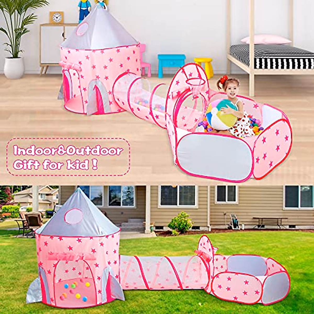 wilwolfer 3PC Princess Tent for Girls with Kids Play Tents, Crawl Tunnel and Baby Ball Pit for Toddlers, Pink Pop Up Playhouse Toys for Boys Indoor& Outdoor Games, Birthday Kid’s Gifts