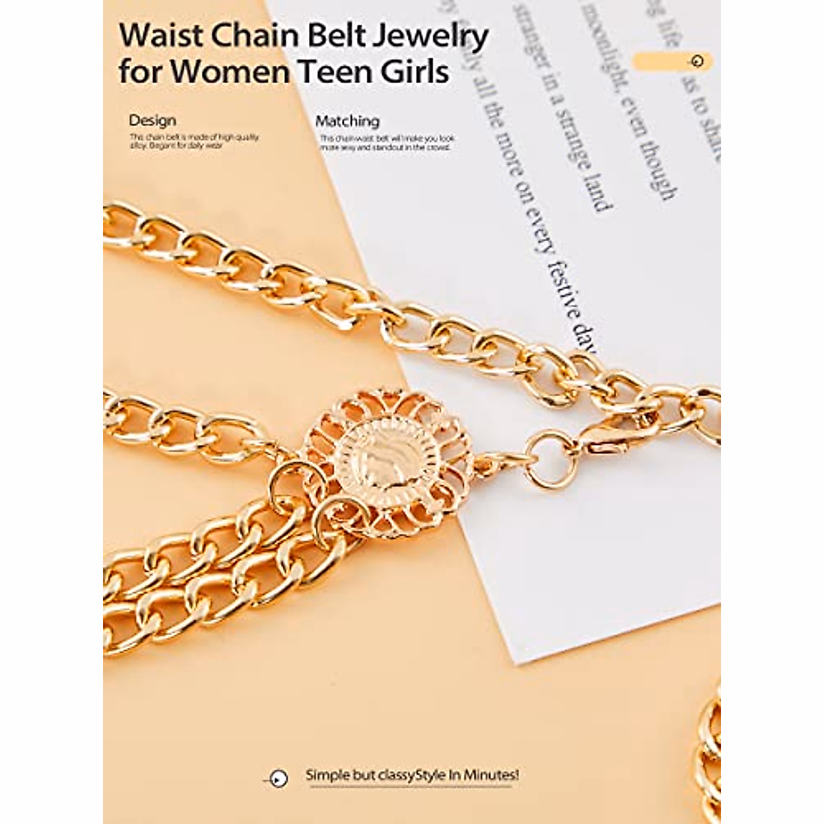 FIORETTO Chain Belt for Women Metal Waist Belts Fashion Multilayer Chain Belts for Dress Sun Gold Length 47in