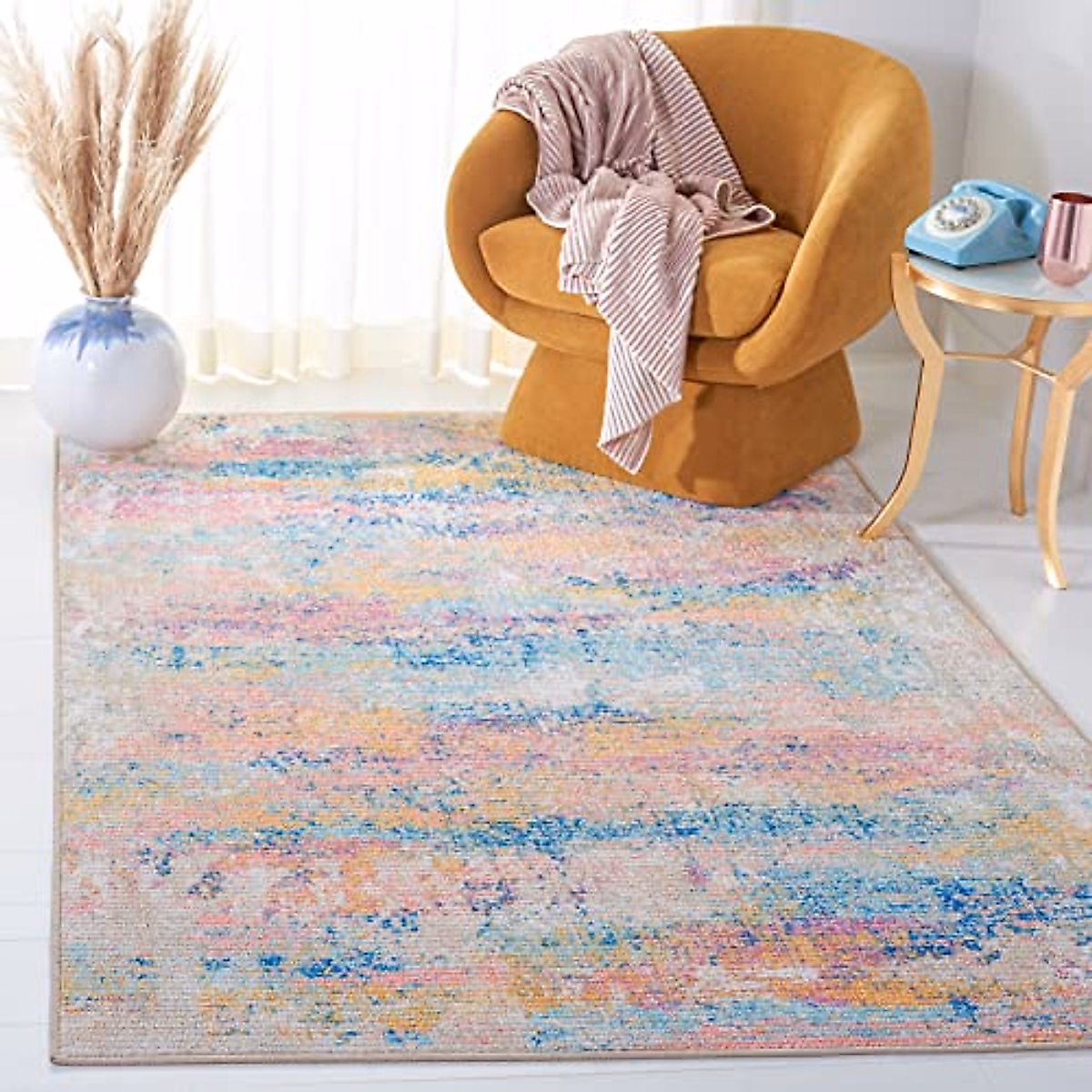 SAFAVIEH Sequoia Collection Machine Washable Slip Resistant 4'4" x 6' Blue/Gold SEQ155M Modern Boho Abstract Entryway Living Room Foyer Bedroom Accent Rug