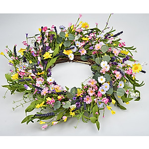 24Inch Artificial Daisy Flower Wreath -Spring Floral Wreath Fake Flower Wreath Spring/Summer Wreath for Front Door Home Decor
