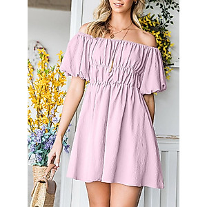 Dokotoo Womens Square Neck Summer Dresses Lantern Sleeve Ruffle A-Line Purple Dresses for Women Elastic Waist Casual Mini Beach Dresses Small