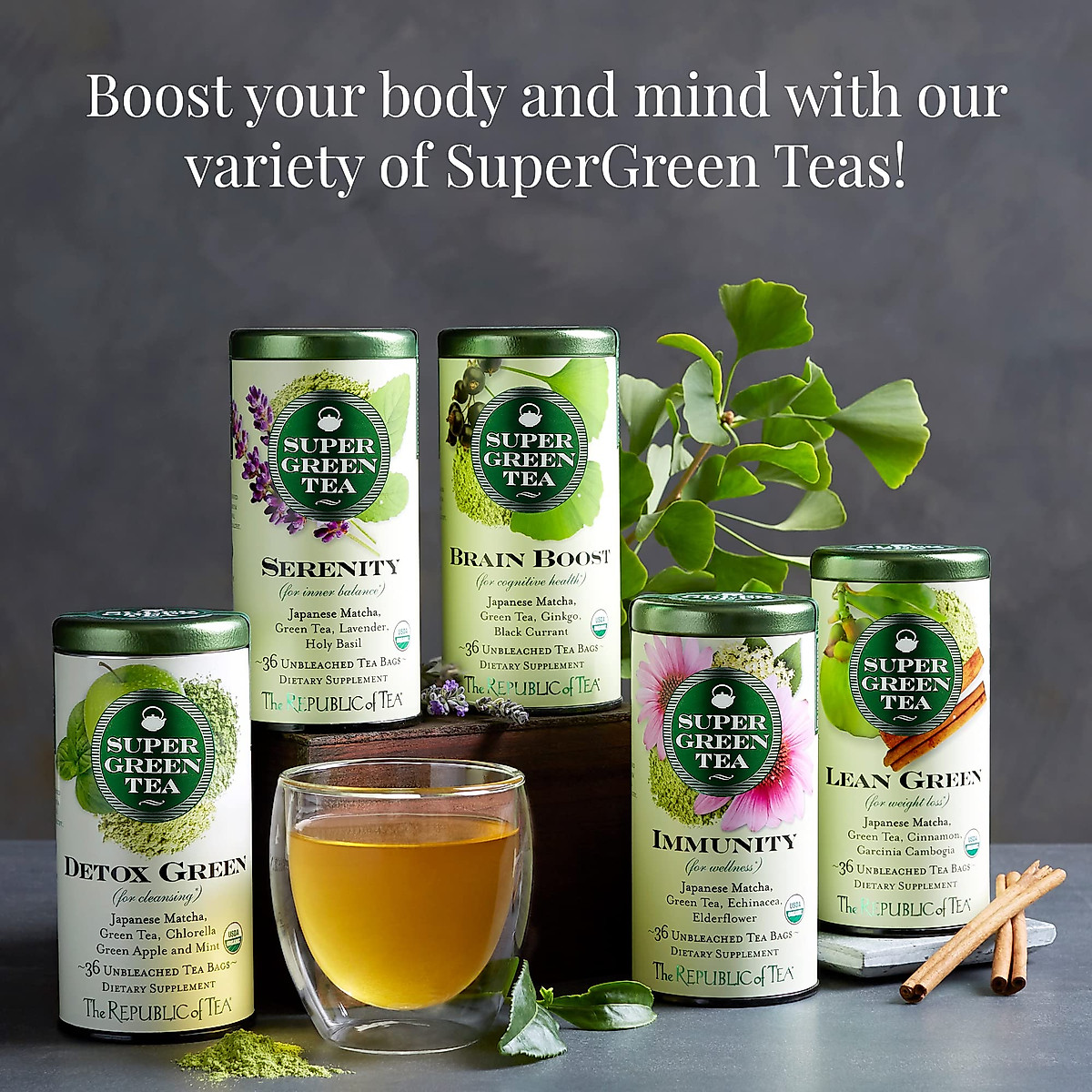 The Republic of Tea Brain Boost Supergreen Green Tea, Ginkgo Biloba, and Matcha Tea Blend (36 Tea Bags)