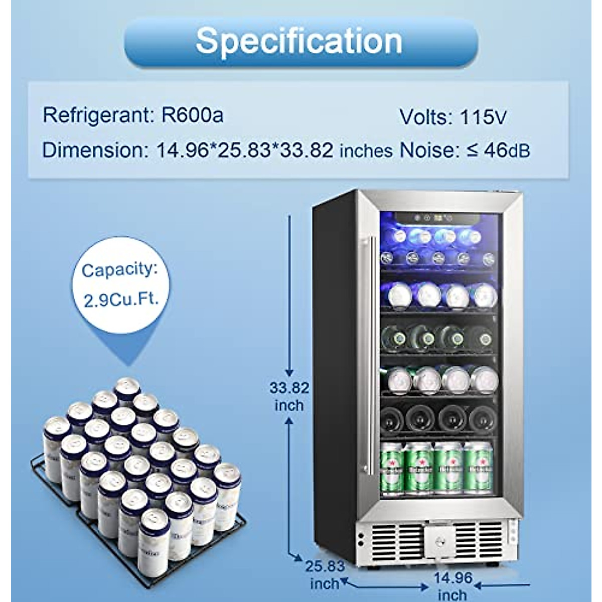 Antarctic Star 15 Inch Beverage Refrigerator Cooler - 2.9 Cu.Ft Wine or Champagne Cooler Low Noise Transparent Glass Door LED Light for Home and Bar 115V 60Hz Electronic Temperature Control