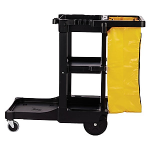 Rubbermaid Commercial Traditional Janitorial 3-Shelf Cleaning Cart, Wheeled with Zippered Yellow Vinyl Bag, for Stores, Schools, and Business, Black , 38.4" x 21.8" x 46" (FG617388BLA)