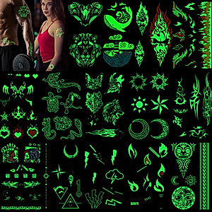 HOWAF Glow in Dark Temporary Tattoos for Adult Men Women Kids(14 Sheets), Waterproof Temporary Tattoo Moon Sun Wolf Lion Totem Fake Tattoos Body Art Sticker Arm Hand Neck Wrist