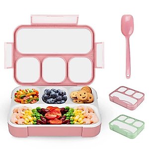 NatraProw Bento Box for Kids, 4 Compartment Kids Lunch Box Leak Proof, Cute Bento Snack Box for Adults and Kids With Utensils, Lunch Containers BPA-Free, Microwave Bento Box (Pink)