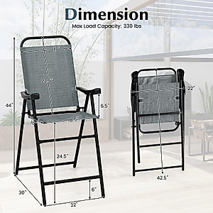 COSTWAY 2 Pieces Patio Folding Bar Chairs, High Top Patio Bar Chair with Metal Frame & Footrest, Outdoor Bar Height Chairs for Balcony, Garden & Poolside (1, Blue)