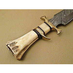 Damascus Steel Hunting Knife - Fixed Blade Knives with Sheath - Firm Grip Handle Made of Camel Bone (White)