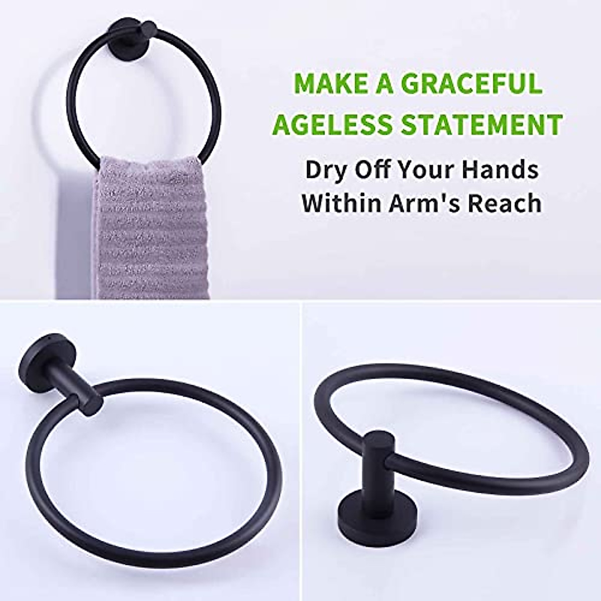 Bathroom Towel Ring Matte Black, Angle Simple Stainless Steel Bath Towel Holder, Wall Mounted Round Towel Hanger, 8-Inch