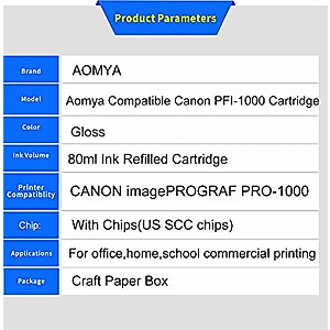 Aomya Compatible Canon PFI-1000 Remanufactured Ink Cartridge for Canon imagePROGRAF PRO-1000 (80ML CO Pigment Ink)