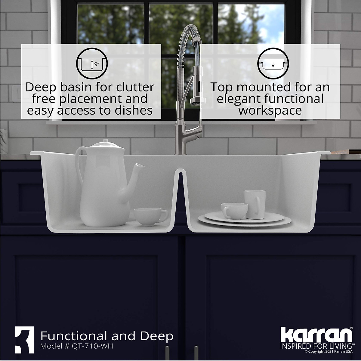 Karran QT-710 Drop-in Quartz Composite 33 in. 1-Hole 50/50 Double Bowl Kitchen Sink Kit in White