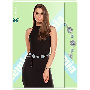 Epakh Turquoise Chain Belt Western Concho Belts for Women Silver Oval Belt Adjustable Metal Waist Belts for Dresses, One Size(Classic Style, 2 Pieces)