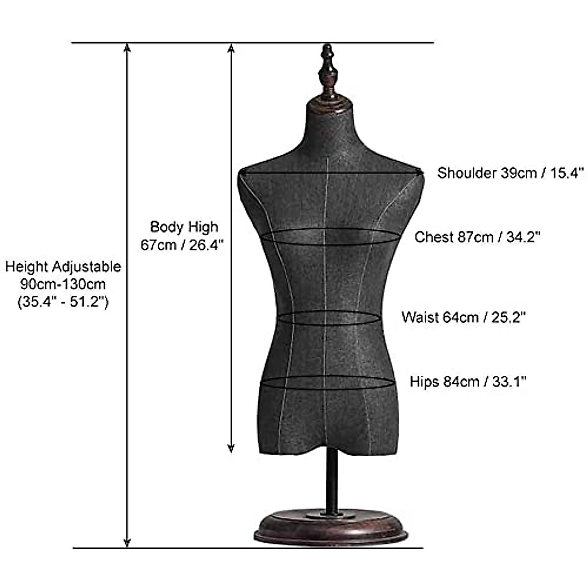Tailors Dummy Mannequins Female Mannequin Countertop Clothing Display, Black Dressmakers Fashion Students Mannequin Display Bust with Wood Stand Dressform Mannequin