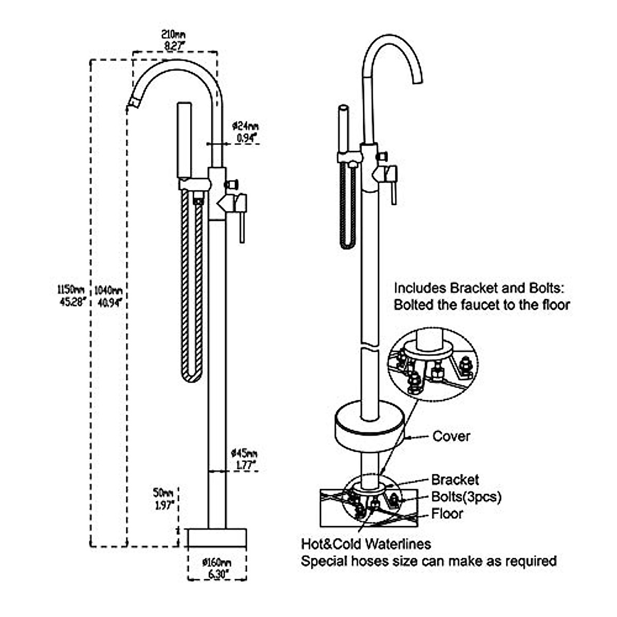 Artiqua Freestanding Tub Filler Bathtub Faucet Chrome Single Handle Floor Mounted Faucets with Handheld Shower
