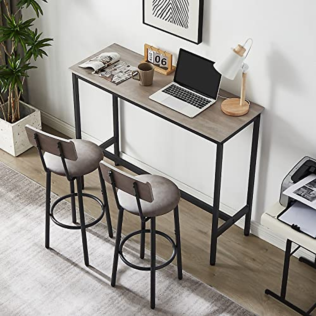 CALABASH Bar Table and Chairs Set, 3 Piece Pub Table with Stools,Narrow Bar Table Set for 2,Industrial Dining Table Set,Kitchen Breakfast Table and Chairs (Grey, Rectangular 1 Table+2 Stools)