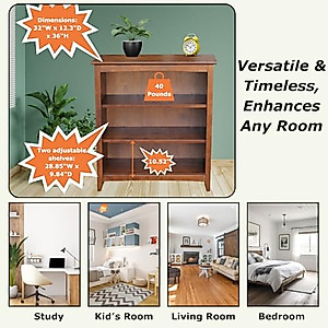 IC International Concepts Shaker Bookcase 36" H Solid Sturdy Real Parawood Furniture, Eco-Friendly, Three Adjustable Shelves, 36 Inch, Espresso