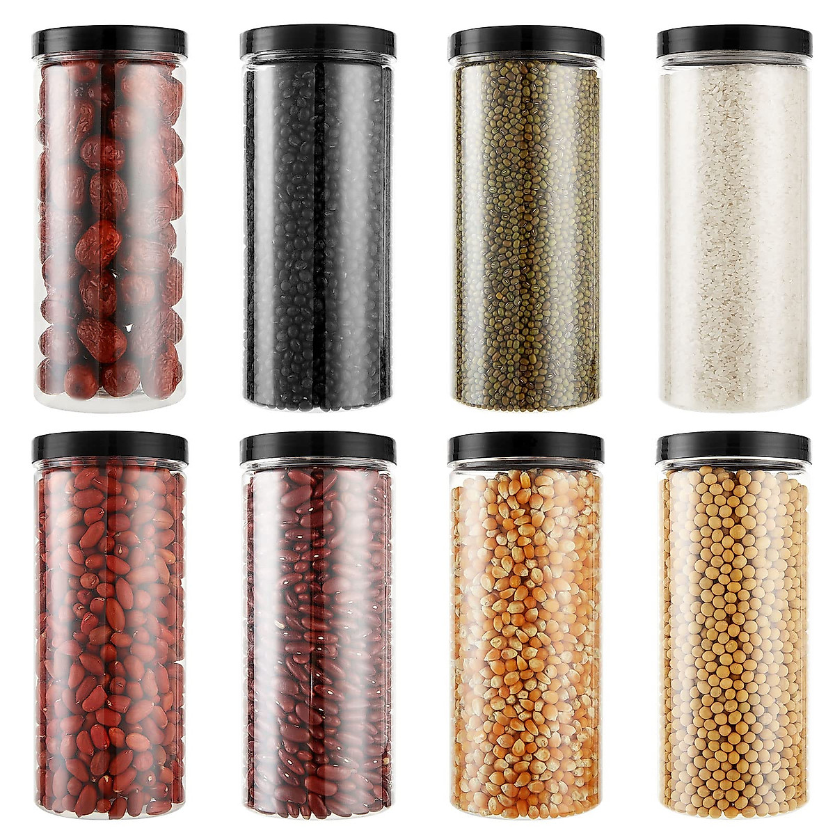 LISHINE 8 Pack 32 oz Plastic Jars with Lids Clear Airtight Food Storage Jars with Lids Reusable Round Empty Plastic Cylinder Container with Black Lids for Kitchen Food & Home Storage of Cookie