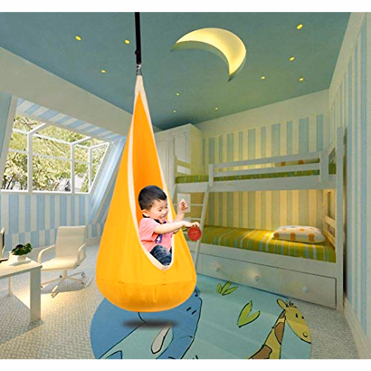 Funny Game Kids Pod Swing Hanging Seat Child Hammock Chair Indoor and Outdoor Sensory Swings 100% Cotton Loading Capacity 170 lbs (Yellow)