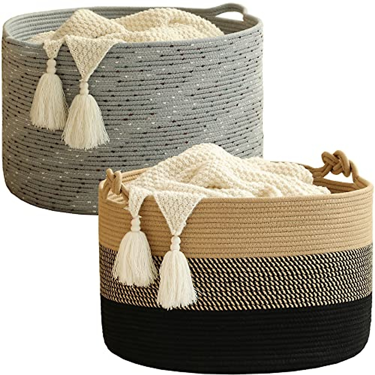 KAKAMAY Large Cotton Rope Blanket Basket (20"x13"),Woven Baby Laundry Hamper，Blanket Basket for Nursery, Laundry, Living Room, Pillows, Toys（Jute/Black）