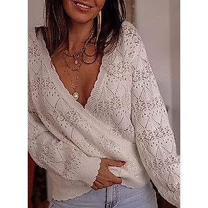 Dokotoo Womens Tops Sweaters Ladies V Neck Pullover Stylish Casual 2023 Fall Winter Long Sleeve Oversized Lightweight Comfy Cable Knit Pullover Cropped White