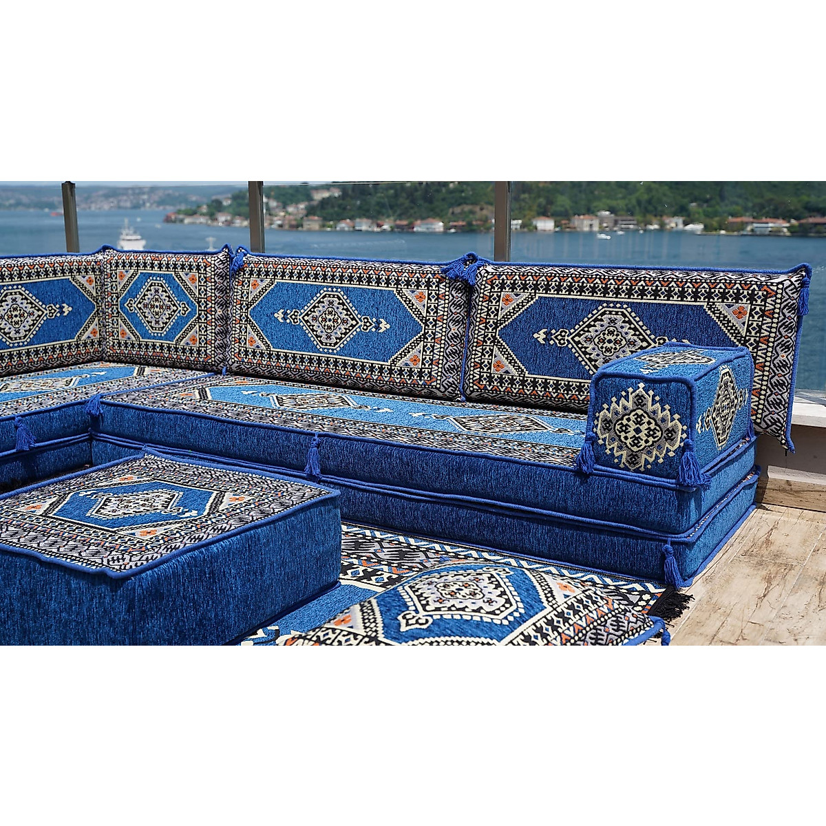 8'' Thickness L Shaped Royal Blue Sectional Sofas, Arabic Floor Sofa Set, Garden Pallet Sofa, Poufs Turkish Floor Sofa, Outdoor Sofa, Sofa Covers (L Sofa + Rug + Poufs)