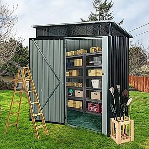 Outdoor Storage Shed 5 x 3 FT, Galvanized Metal Garden Shed with Sliding Door and Air Vents, Weather-Resistant Outdoor Storage Clearance for Backyard Patio Lawn Deck (Black)