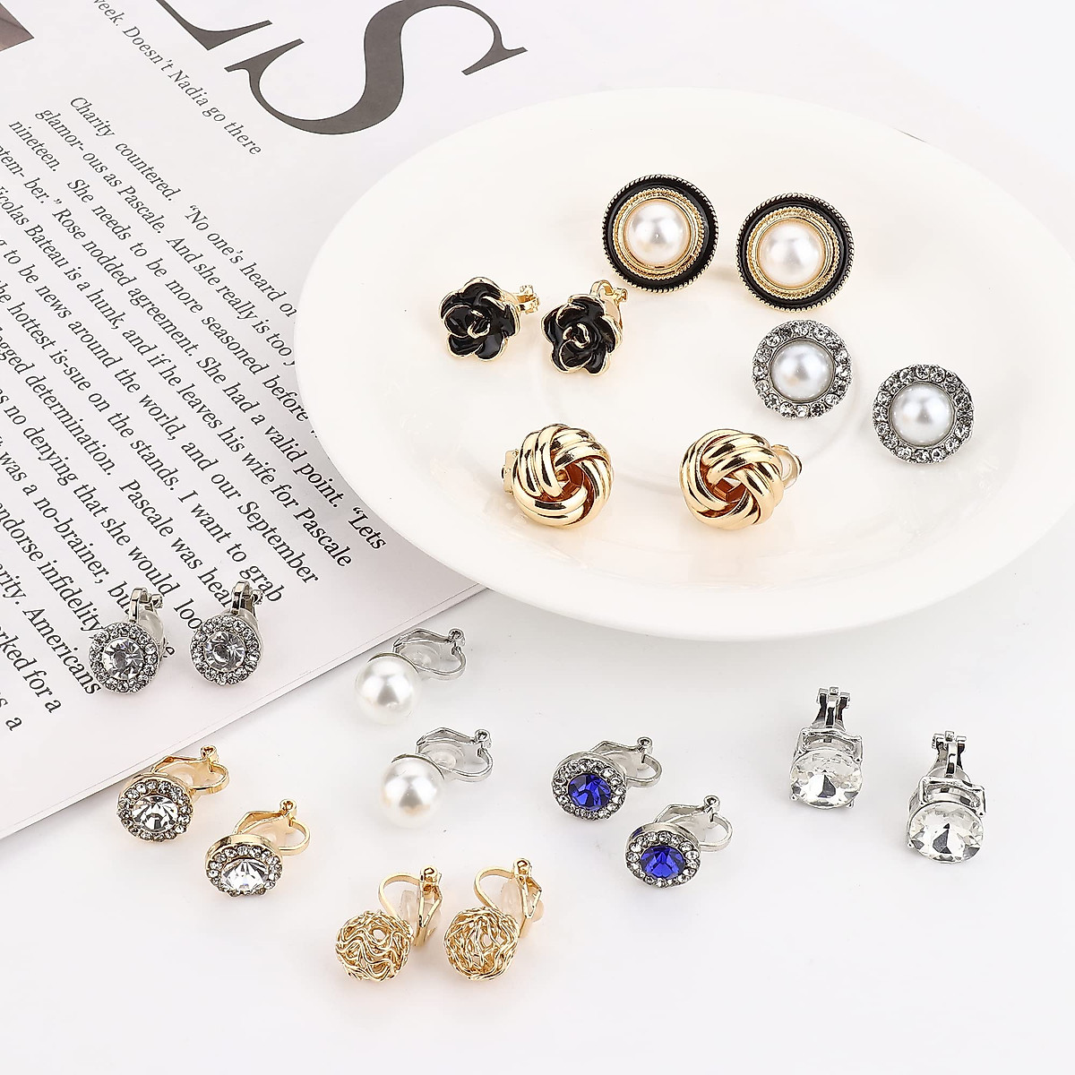 FIBO STEEL 10 Pairs Clip Earrings for Women Clip On Earrings for Non Pierced CZ Flower Simulated Freshwater Pearl Twist Knot Clip Earrings Sets Gold Silver Tone (Mix-color)