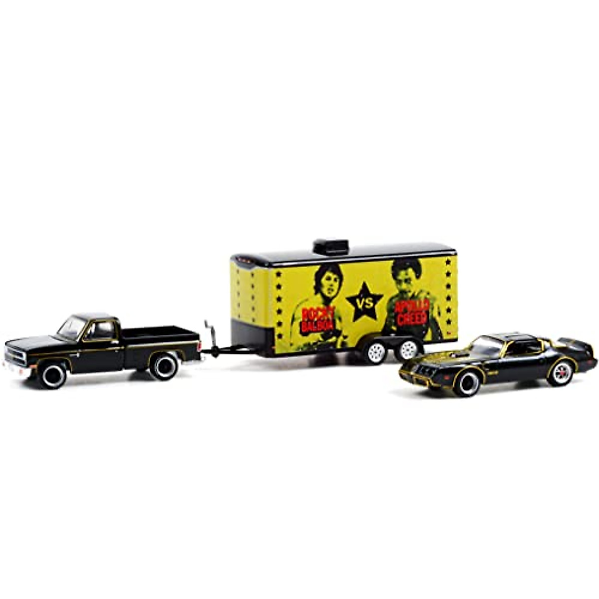 1981 Chevy C-10 Custom Pickup Black & 1979 Pontiac Firebird T/A Black Rocky's & Enclosed Car Hauler Rocky II Movie 1/64 Models by Greenlight 31120 A