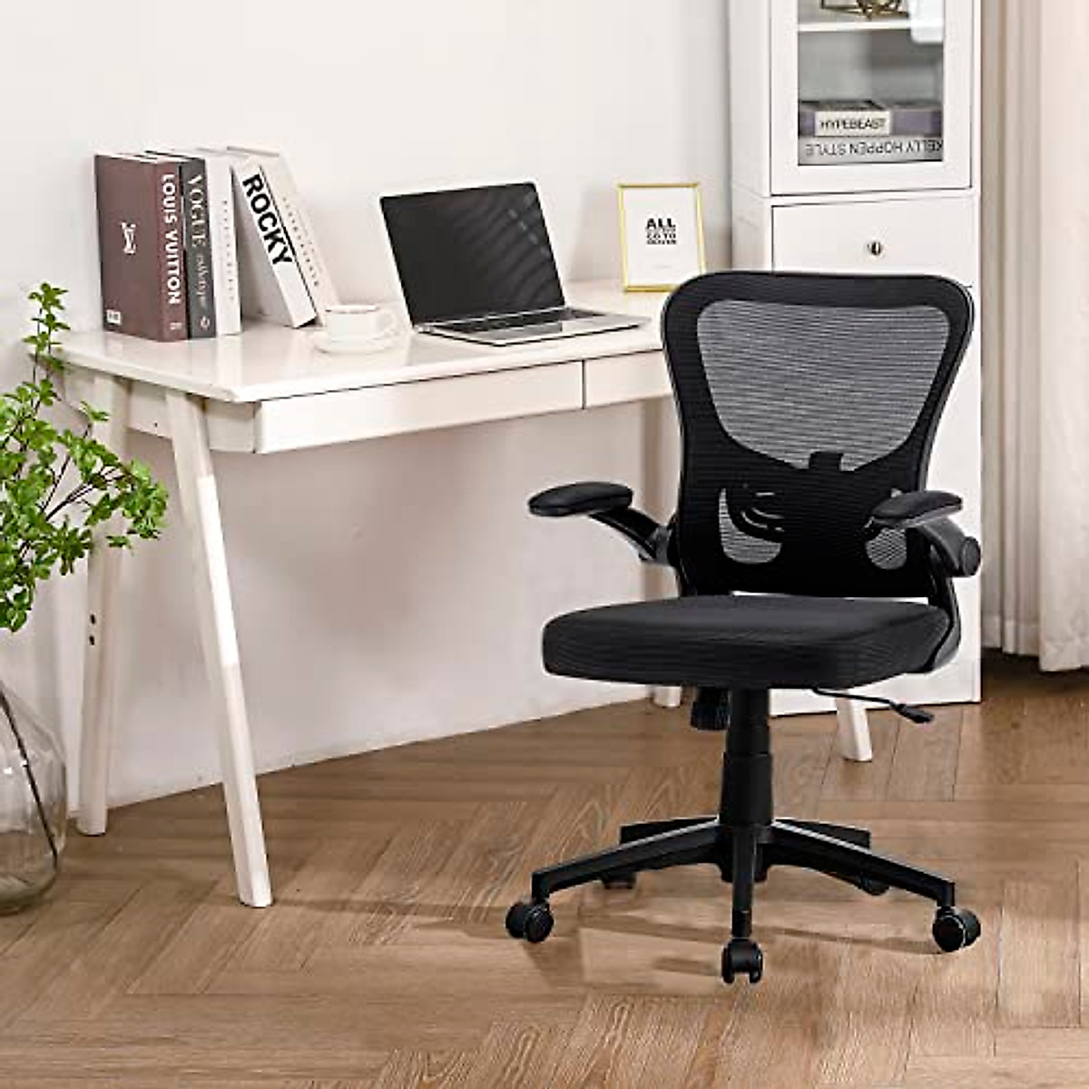 Furniliving Ergonomic Mesh Office Chair, Home Office Chair Mid Back Task Chair with Lumbar Support, Tilt Function, Office Chairs Swivel Computer Desk Chair with Flip-Up Arms, Black (MidBack)