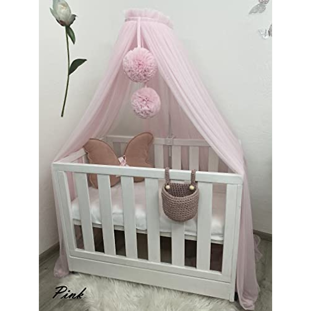 Soft canopy for nursery with holder and pompoms, Kids hanging tent for bedroom, Bed canopy, crib canopy, baby room decor, Nook baldachin (Dusty Pink)