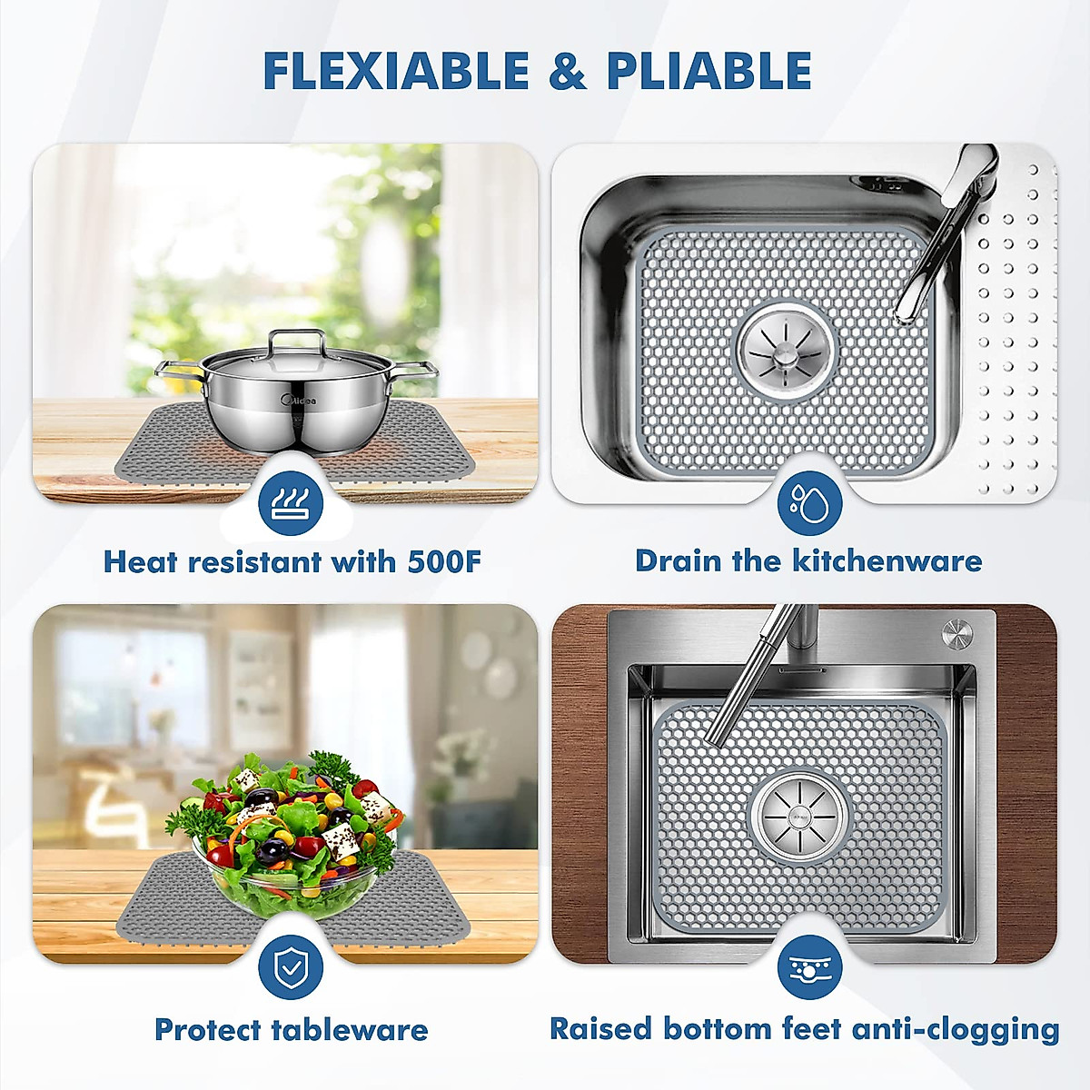 Bestjing Silicone Sink Mat, 2 Pack 13.58''x 11.6'' Sink Protectors for Kitchen Sink with Center Drain, Non-Slip Heat Resistant Sink Mat Grid for Bottom of Stainless Steel Porcelain Sink (Center Hole)