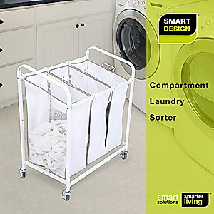 Smart Design Premium Rolling 3 Compartment Mesh Laundry Sorter Hamper w/Wheels & Handles - Steel Metal Frame - VentilAir Fabric Design - Clothes & Laundry - Home Organization (Holds 9 Loads) [White]