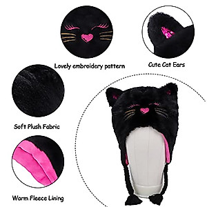 Toddler Cat Ear Winter Hat and Gloves for Girls, Fleece Lined Hat & Kids Mittens Set for Ages 4-7 Black